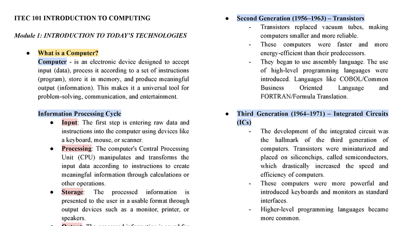 ITEC 101: Introduction to Computing - Module 1 Overview - Studocu