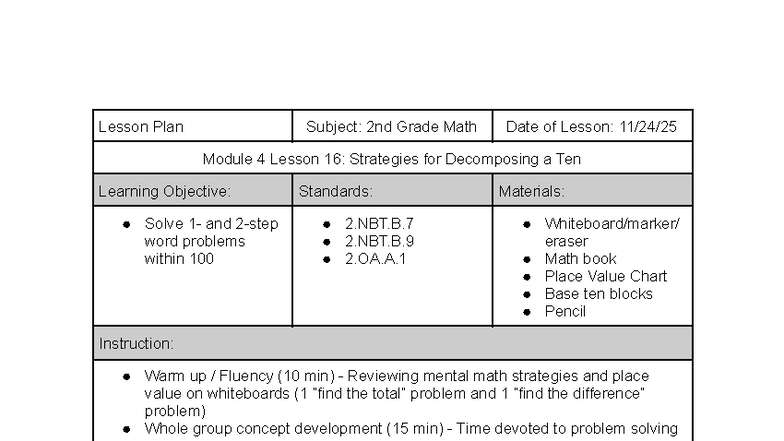D187 - 2nd Grade Math Lesson Plan: Decomposing a Ten Strategies - Studocu