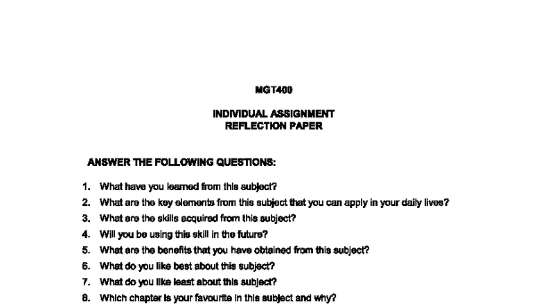 MGT400 Individual Assignment Reflection Paper Insights - Studocu