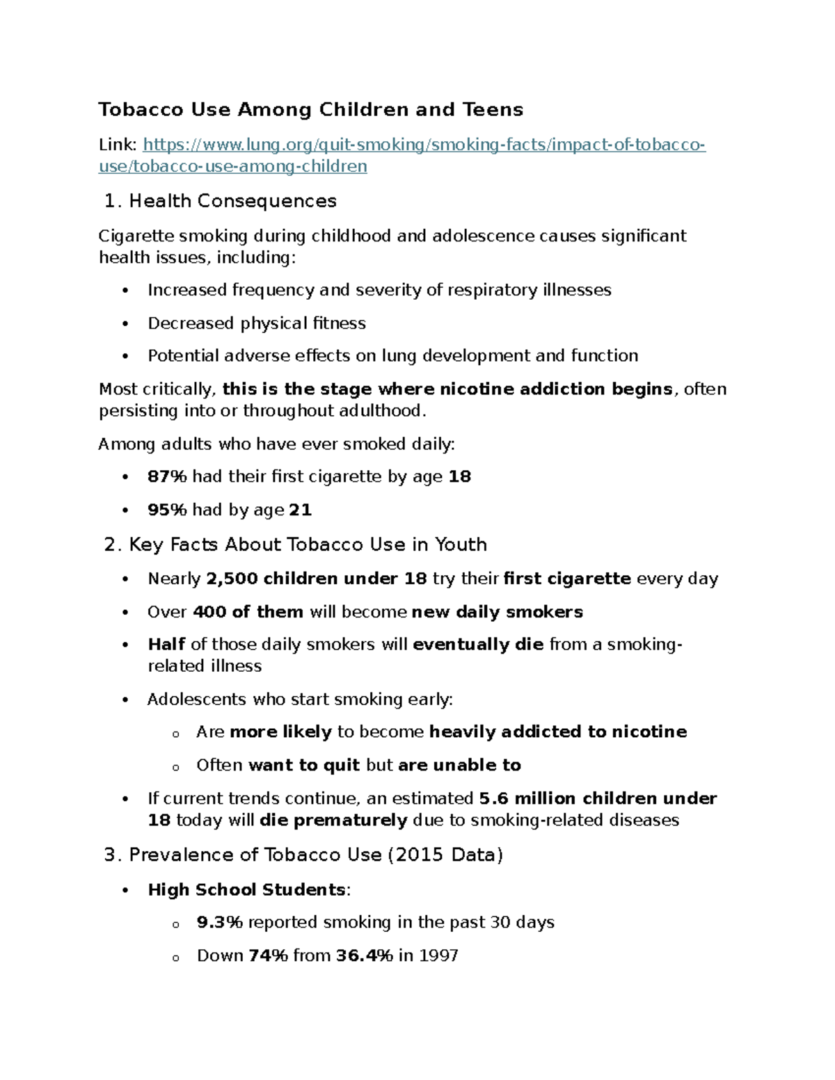 Tobacco Use Among Children and Teens: Health Risks & Trends - Studocu