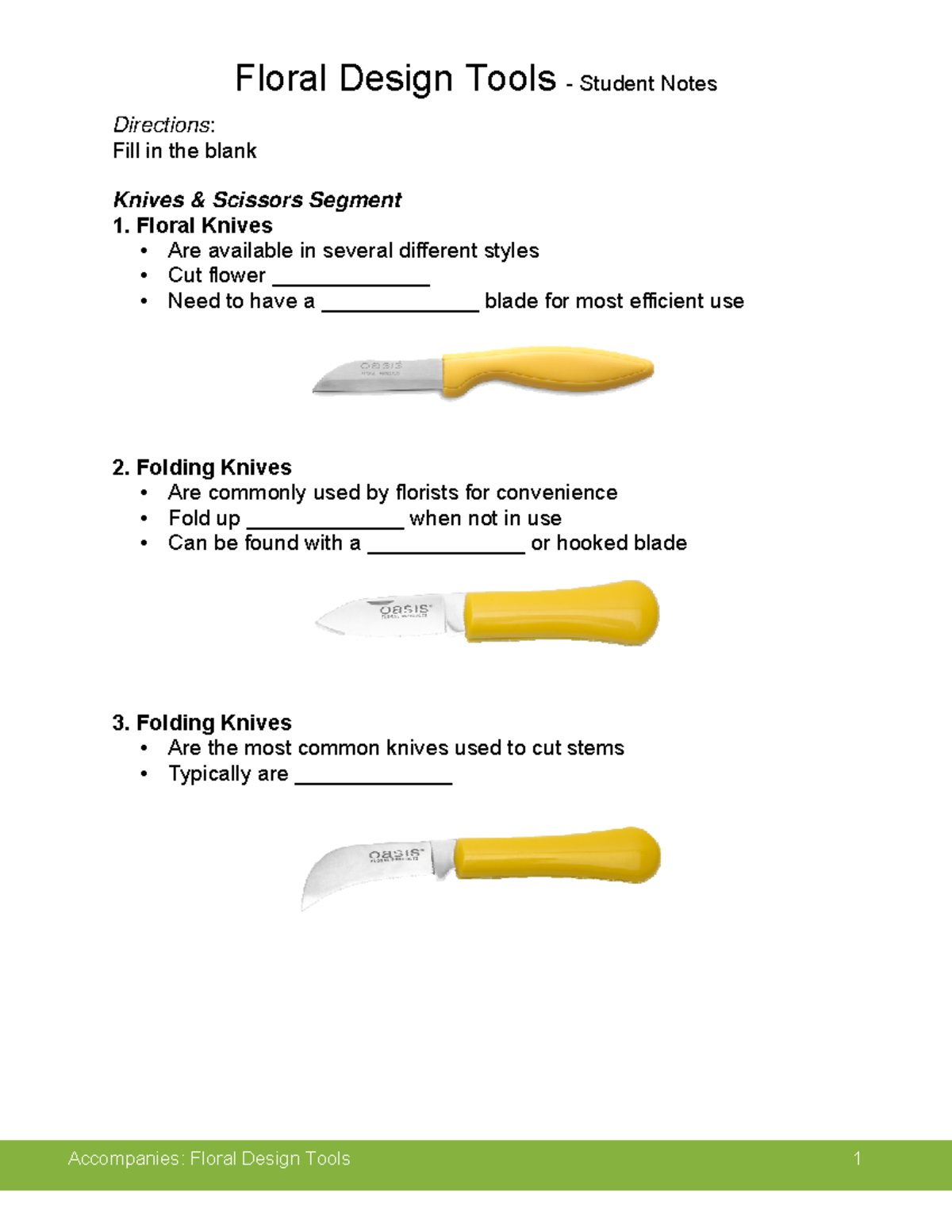 Floral Design Tools - Student Notes - Directions: Fill in the blank ...