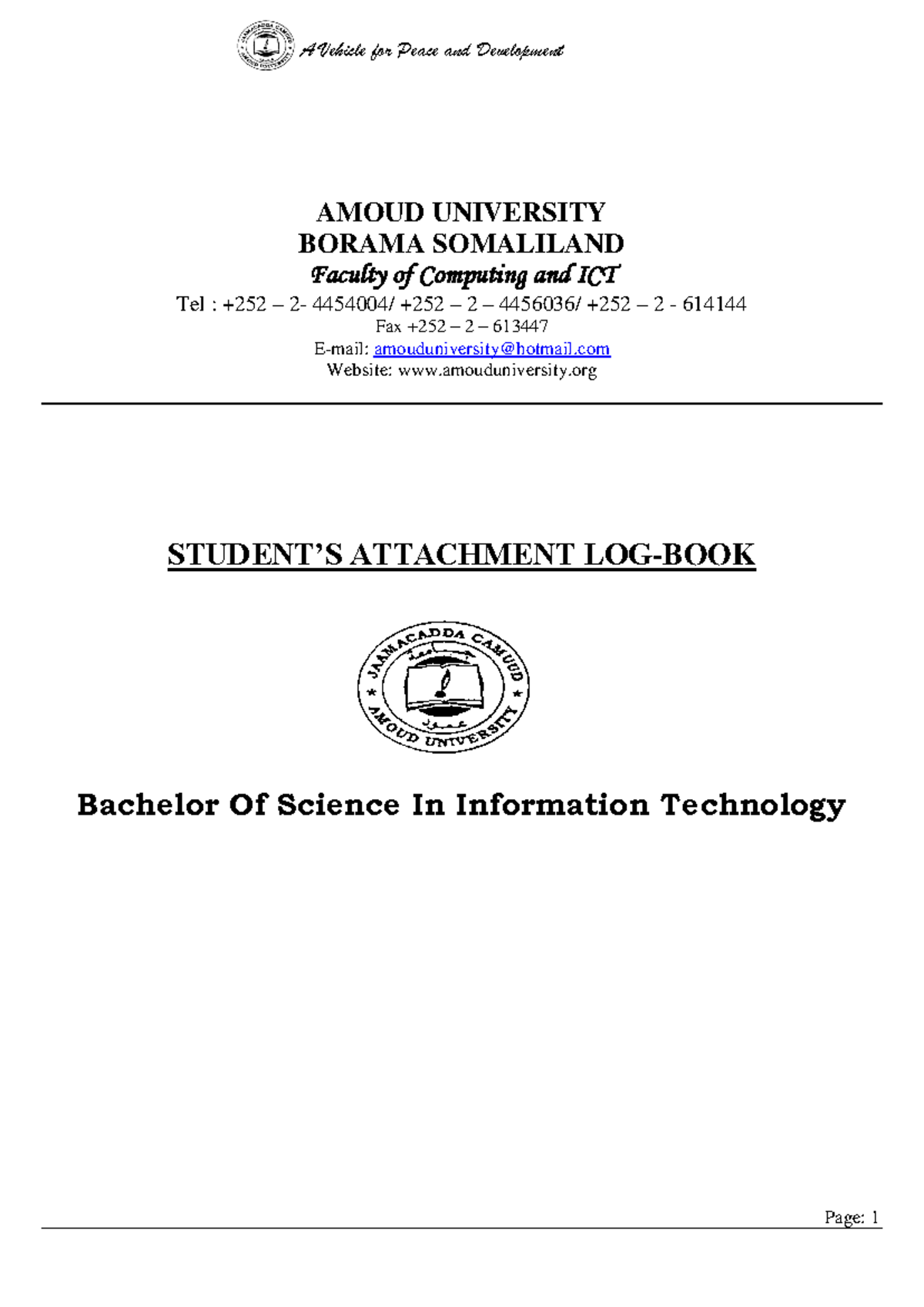 Student-s-attachment-log-book - AMOUD UNIVERSITY BORAMA SOMALILAND ...
