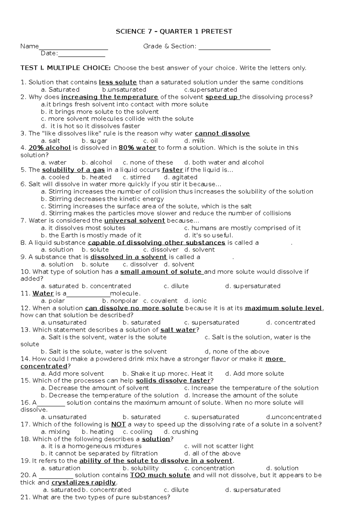Science 7 Q1 Pretest: Key Concepts & Multiple Choice Questions - Studocu