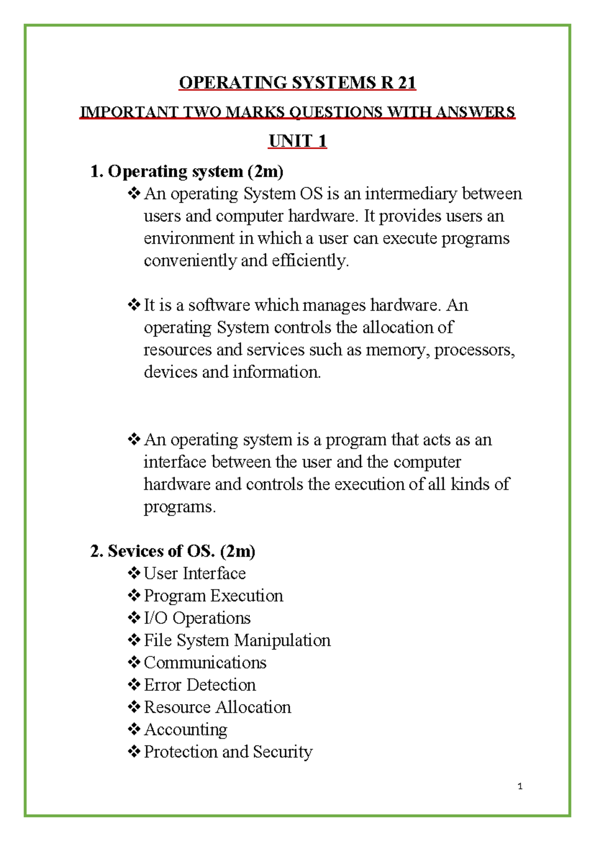 Operating Systems R21: Key Two Marks Q&A for Unit 1 - Studocu