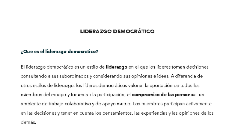 Liderazgo Democrático: Características y Ventajas del Estilo - Studocu