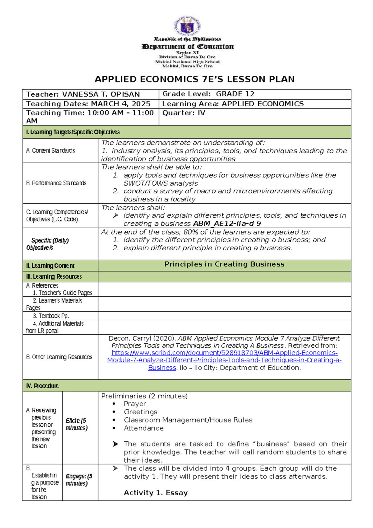 APPLIED ECONOMICS GRADE 12 LESSON PLAN: Principles in Creating a ...