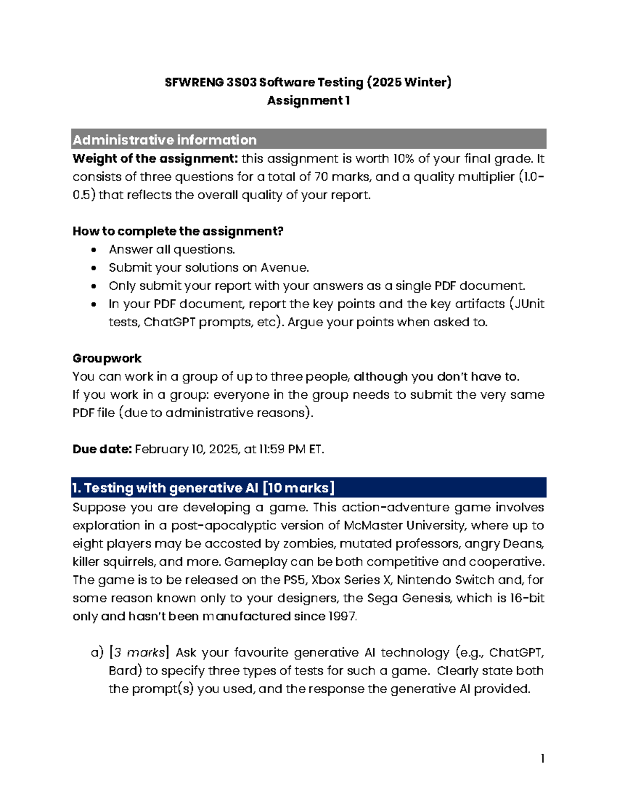 Sfwreng 3S03 Software Testing Assignment 1 - 2025 - SFWRENG 3S03 ...