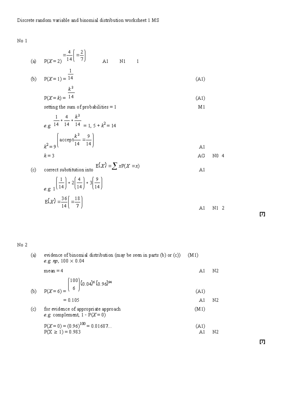 Discrete Random Variable & Binomial Distribution Worksheet 1 (MS) - Studocu