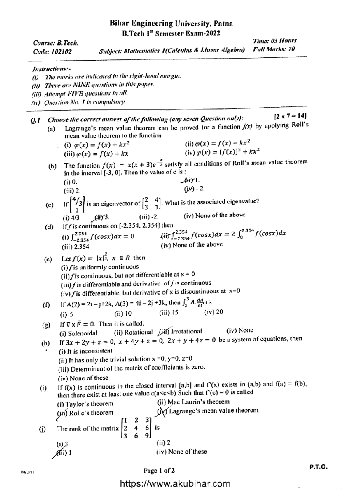 B.Tech 1st Sem Mathematics I: Calculus & Linear Algebra (102102) - Studocu