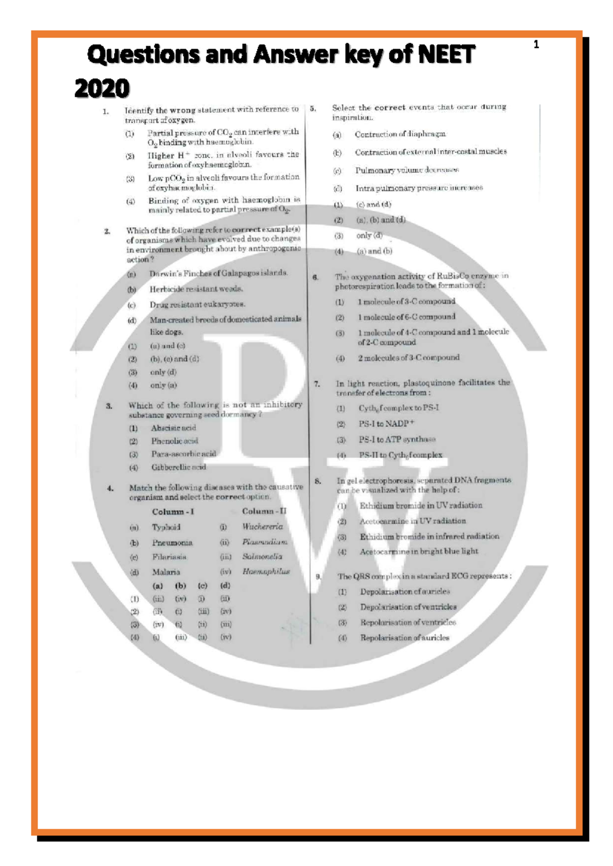 NEET 2020 Questions and Answer Key - Comprehensive Guide - Studocu