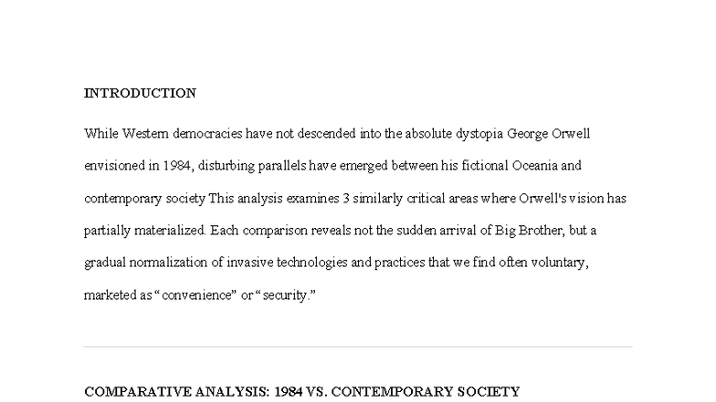 Comparative Analysis of Orwell's 1984 and Modern Society - MGT 16 Essay ...