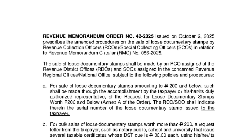 RMO No. 42-2025 Digest: Procedures for Loose Documentary Stamps - Studocu