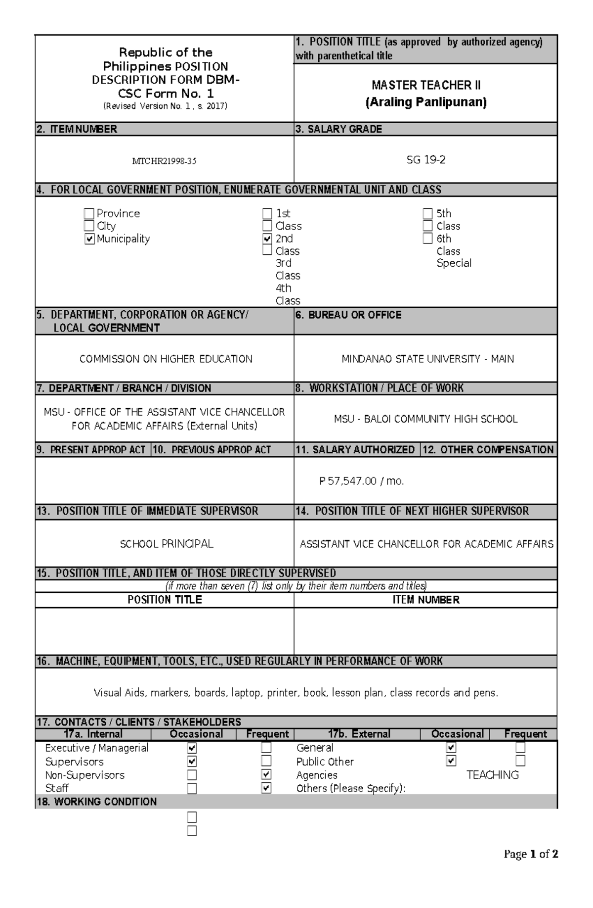 Master Teacher II Position Description - DBMCSC Form No. 1 - Studocu