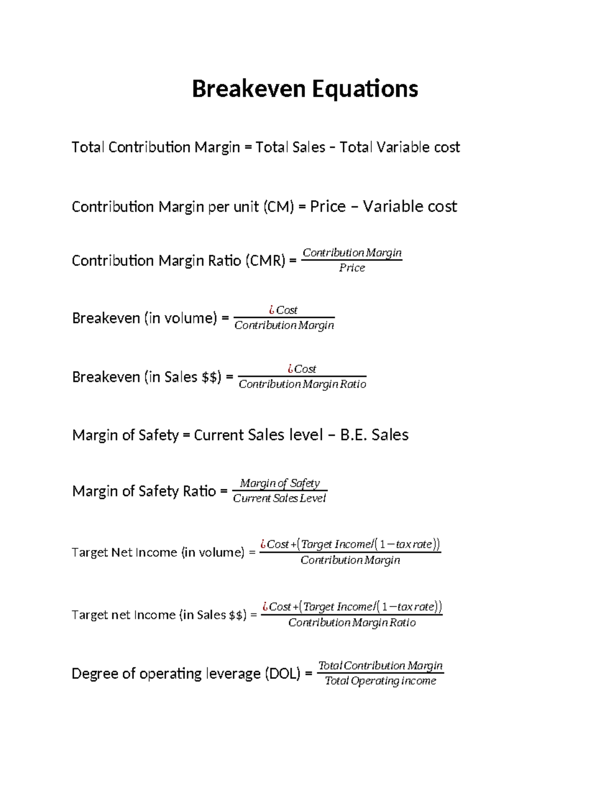 Chapter 4 Equations - Breakeven Equations Total Contribution Margin ...