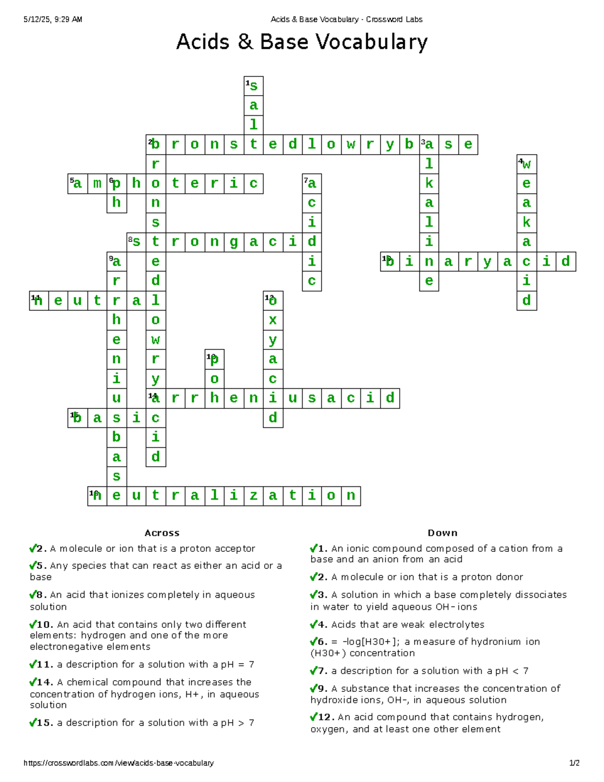Acids & Bases Vocabulary Crossword Lab (Chem 101) - Studocu