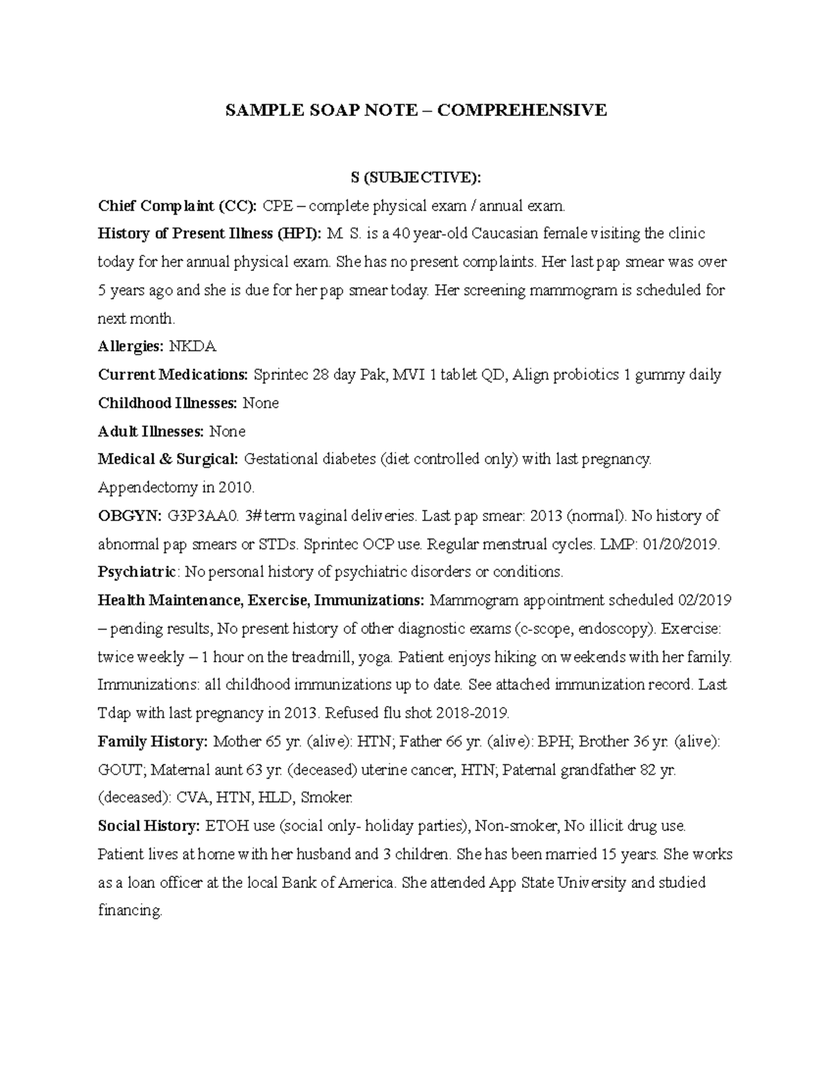 SOAP Note Comprehensive: Annual Physical Exam for M.S. (40 y/o Female ...