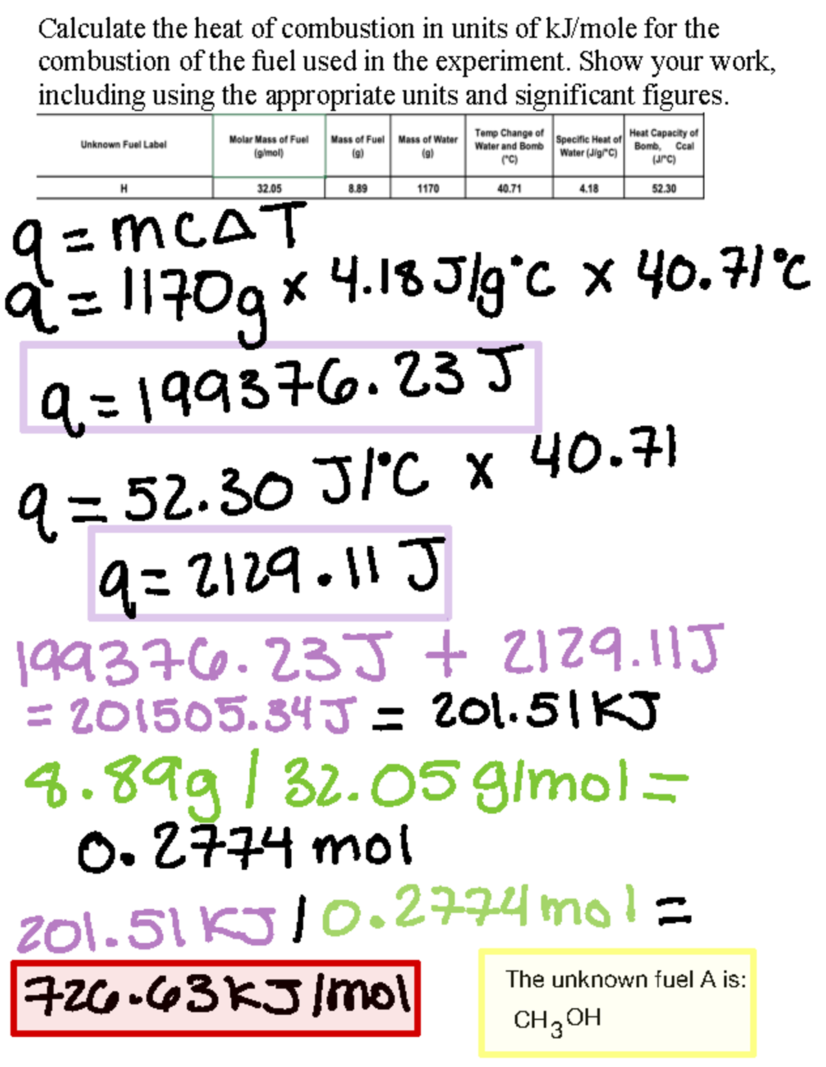 C832 Task 1 - lab with chem - Calculate the heat of combustion in units ...