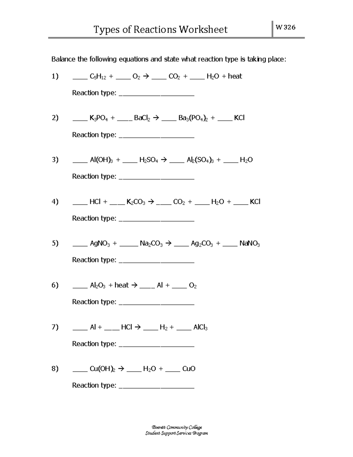 W326 types of reactions worksheet - Types of Reactions Worksheet W 326 ...
