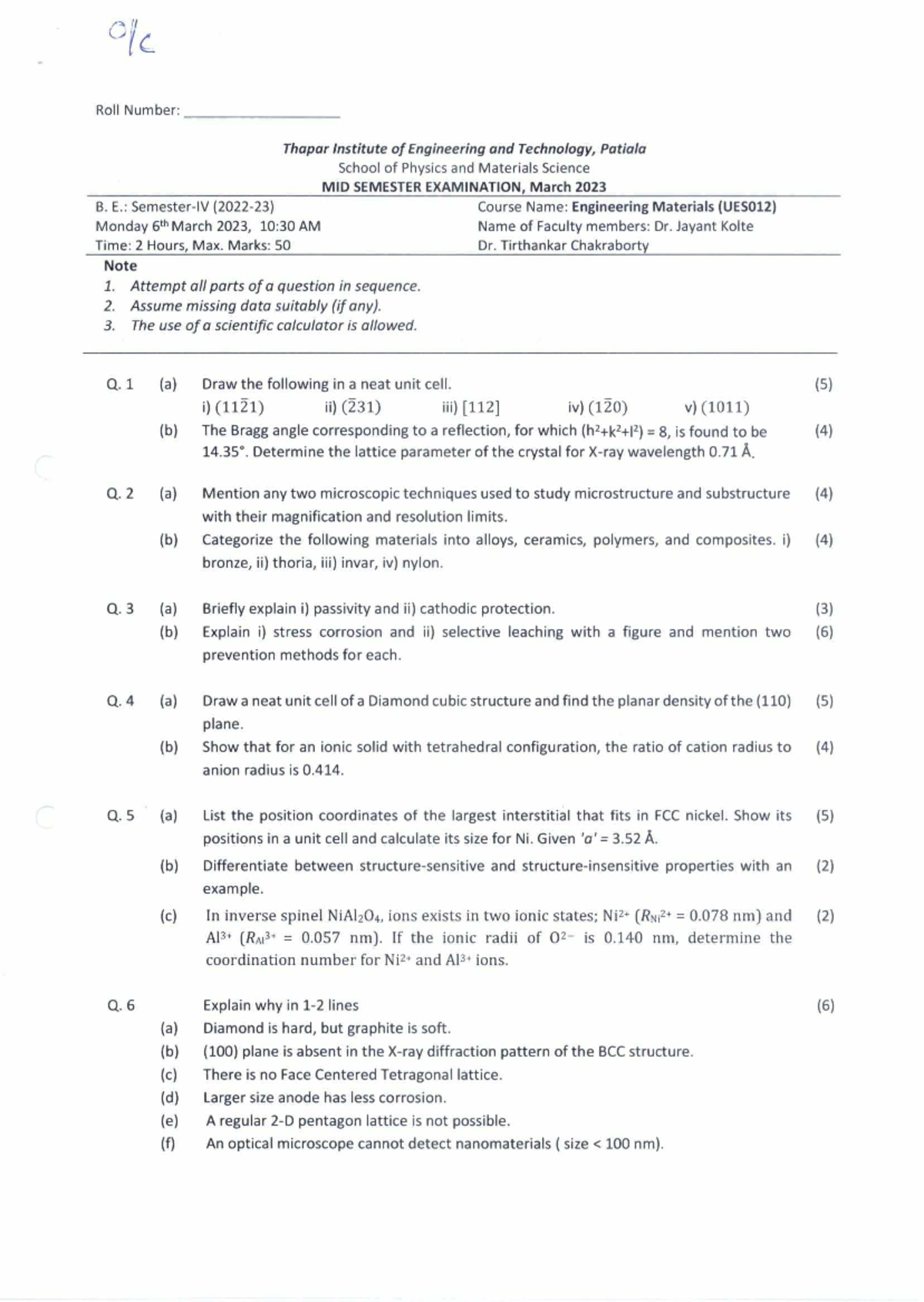 UES012 Mid Sem Exam 2023 - Engineering Materials Questions & Notes ...