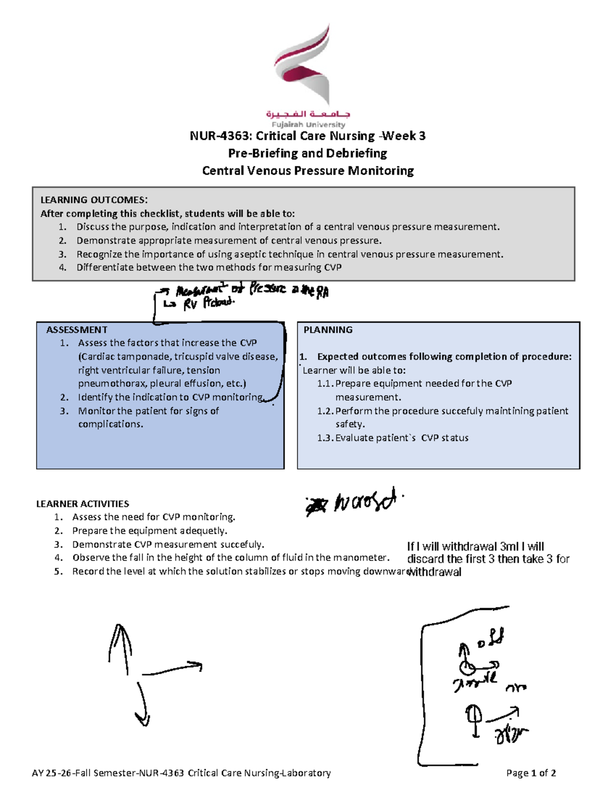 AY25-26, Fall Semester - NUR4363 Critical Care Nursing: CVP Monitoring ...