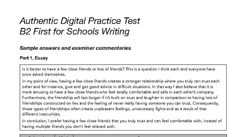 Authentic Digital Practice Test B2 First for Schools Writing: Sample ...