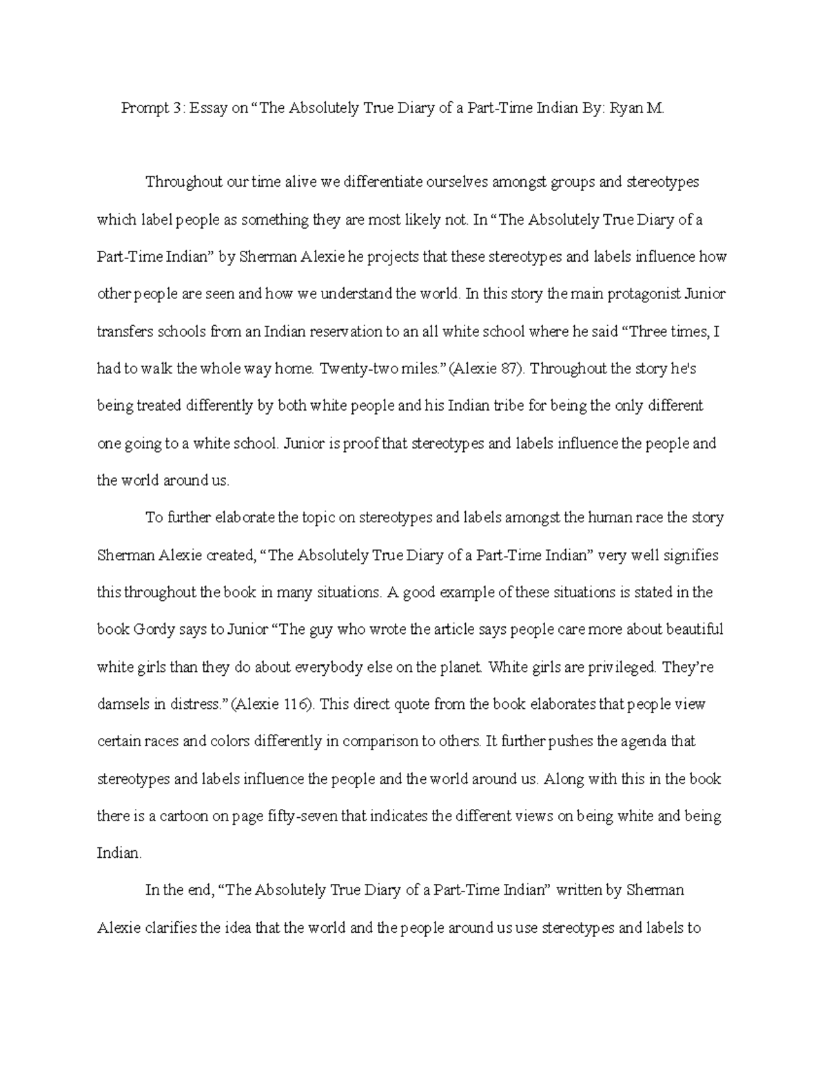 Prompt 3: Essay on "The Absolutely True Diary of a Part-Time Indian ...