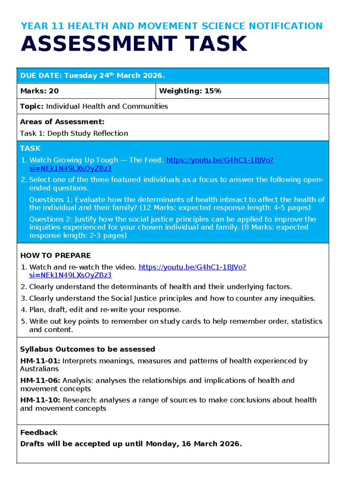 YEAR 11 HEALTH AND MOVEMENT SCIENCE ASSESSMENT TASK 1 (2026) - Studocu