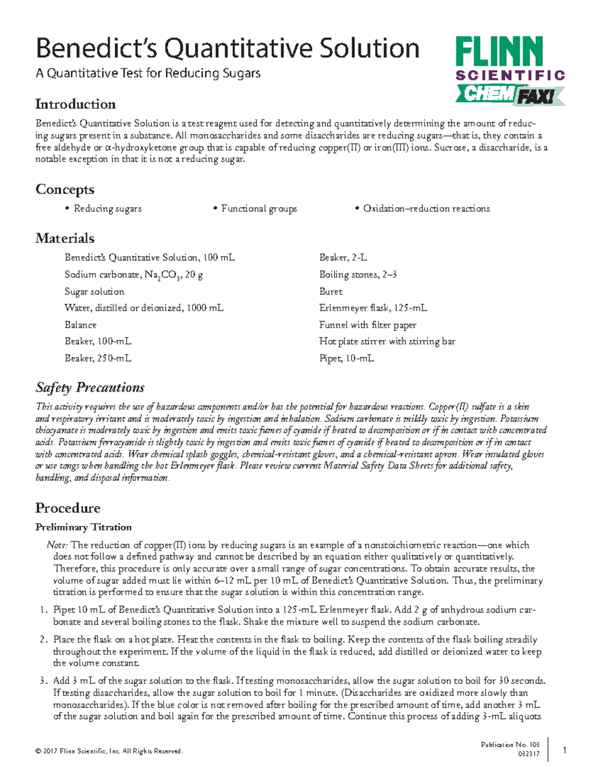 Benedict's Quantitative Solution Lab: Reducing Sugars Test Procedures ...