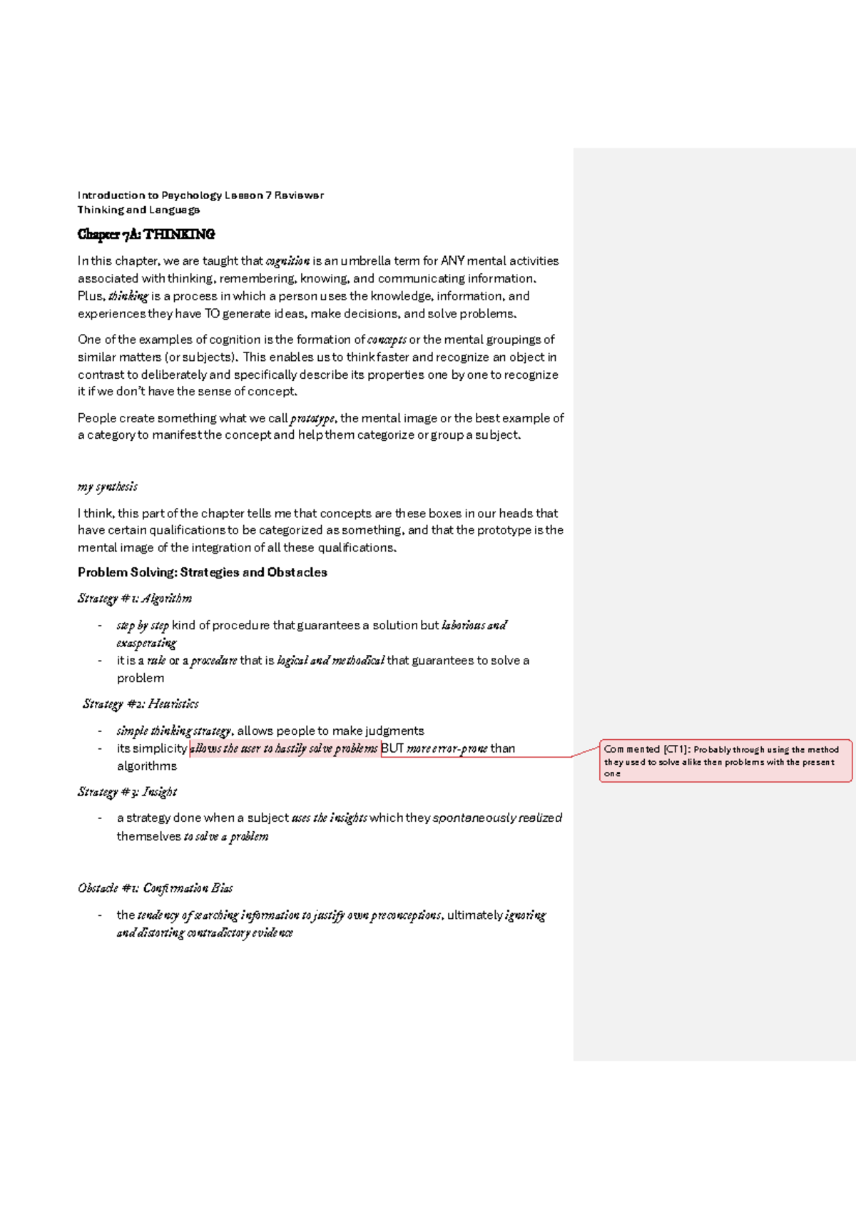 Chapter 7A - personal notes on lesson 7: thinking and language ...