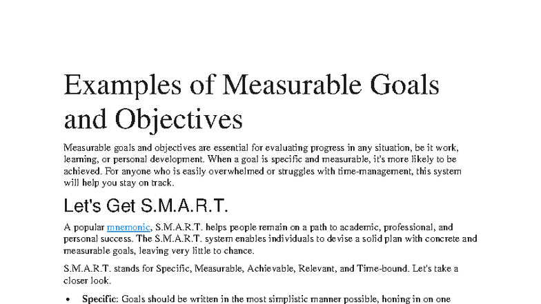 S.M.A.R.T. Goals: Examples for Academic & Personal Success - Studocu