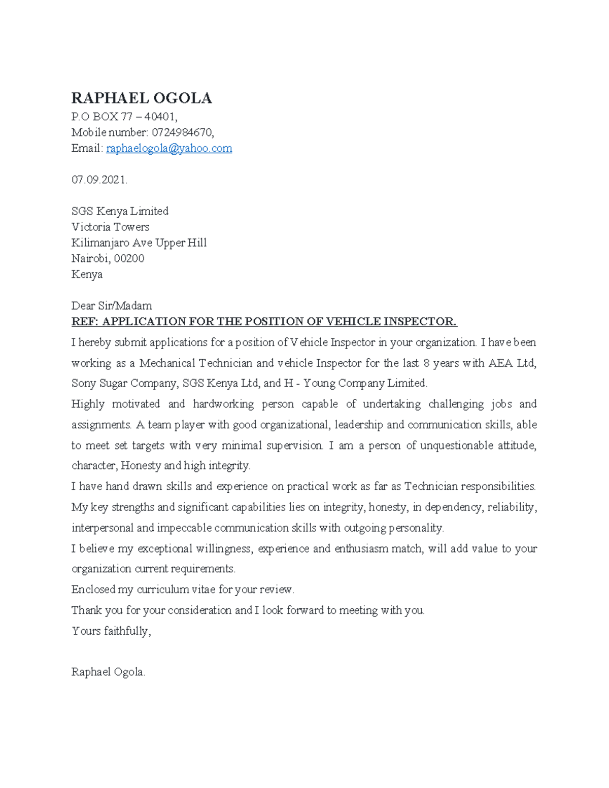 Cover Letter for Vehicle Inspector Position - RAPHAEL OGOLA - Studocu