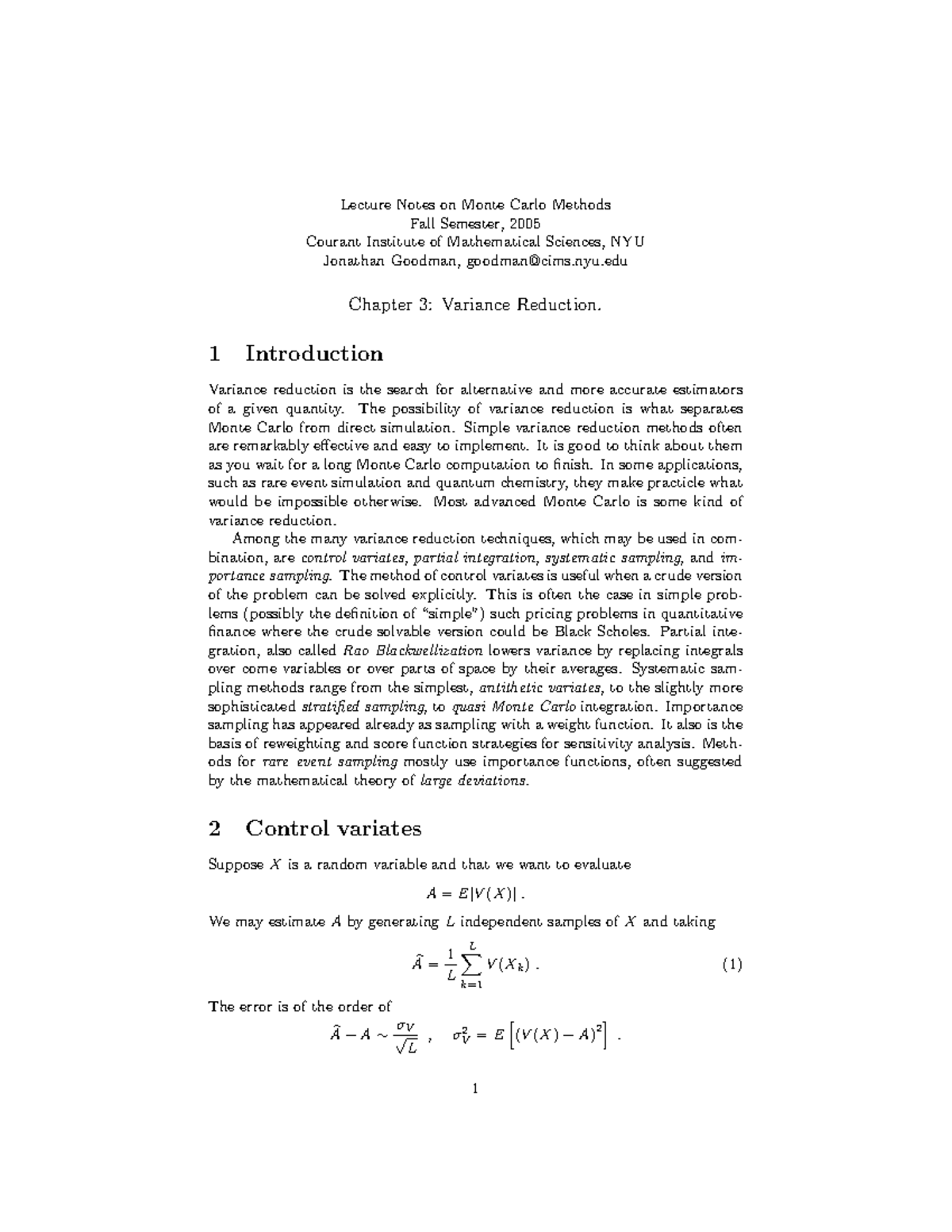 Lecture Notes on Monte Carlo Methods: Variance Reduction Techniques ...