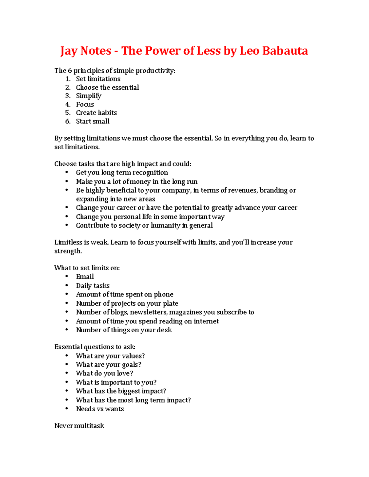 Jay Notes: The Power of Less - 6 Principles of Simple Productivity ...