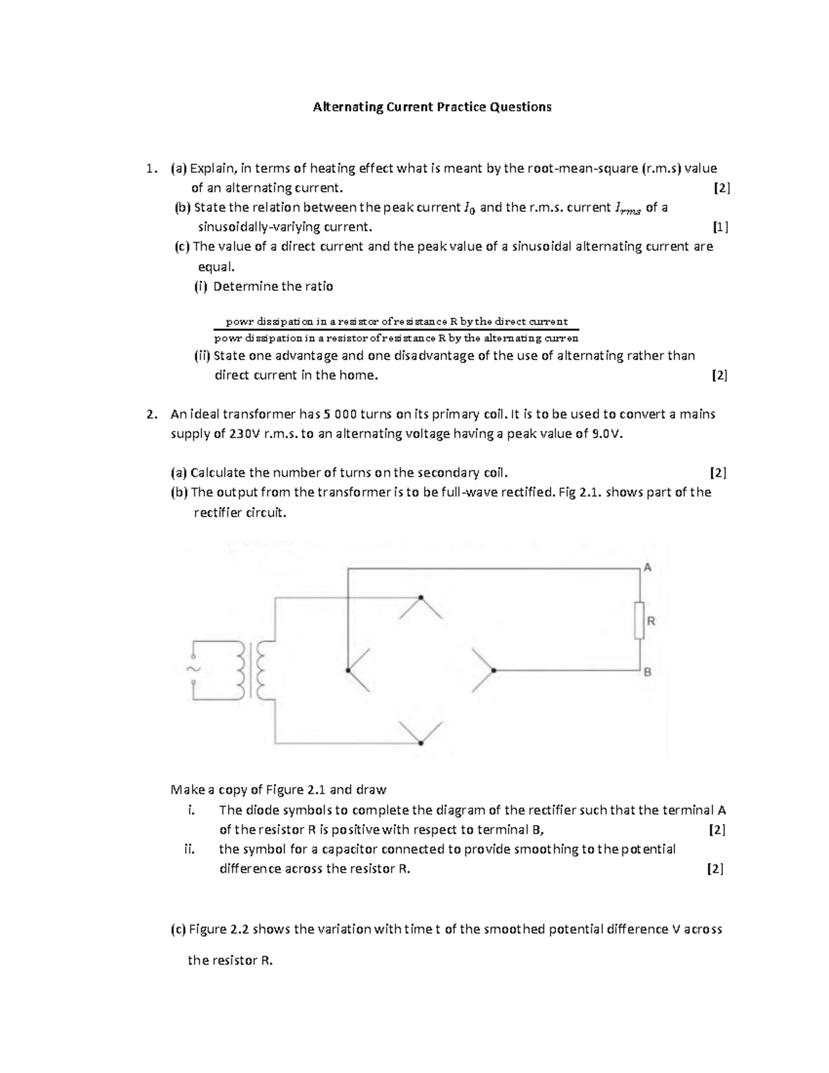 Alternating Current Practice Questions 1: R.M.S. and Transformer Calculations - Studocu