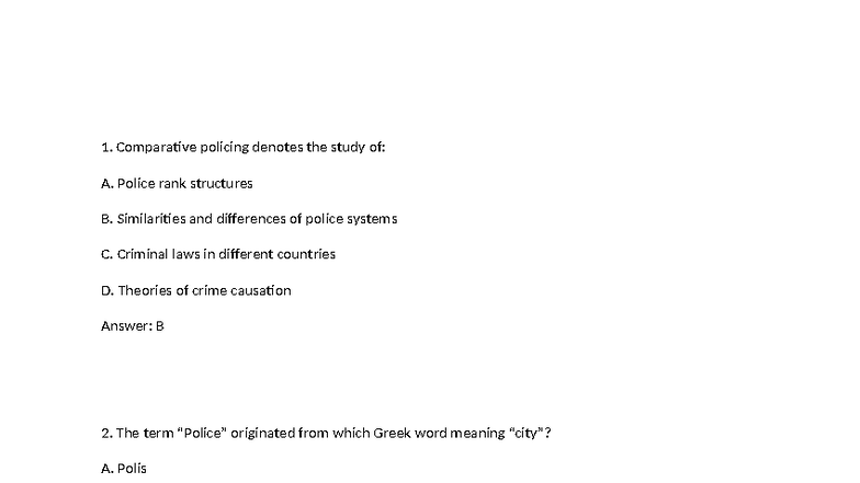 Comparative Policing Q&A - Course Code: CP101 - Studocu