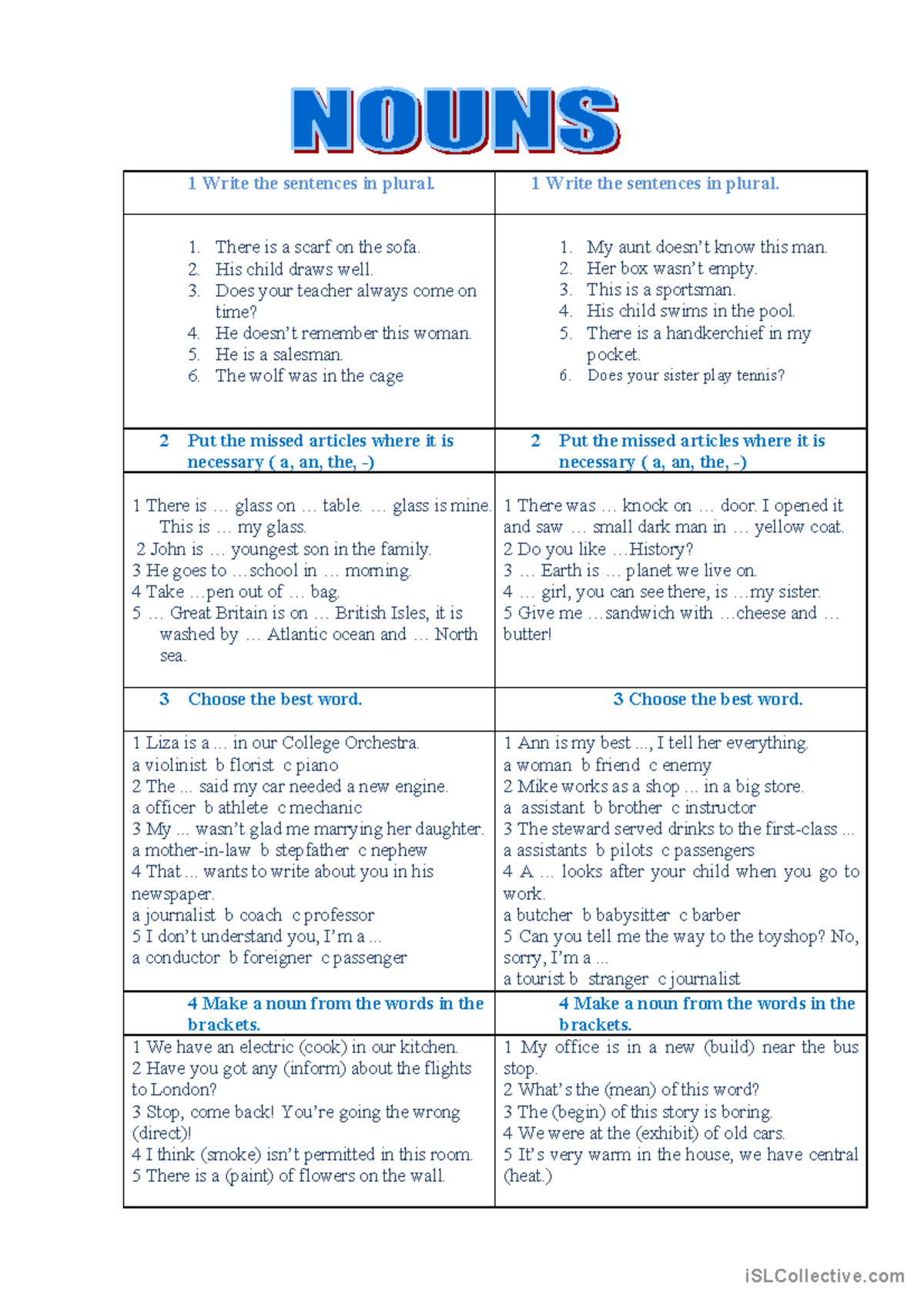 Nouns and Articles Practice Exercises for ESL Learners - Studocu