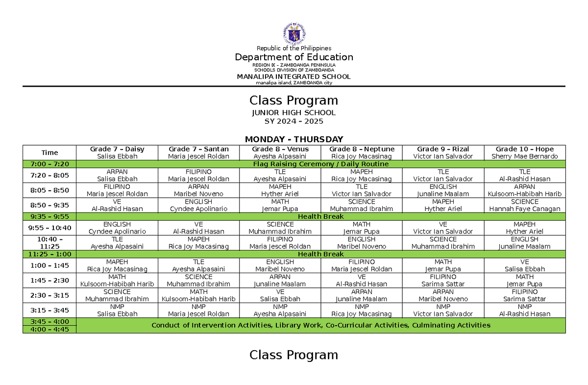 Class Program for JHS SHS SY 2024 2025 - Department of Education REGION IX – ZAMBOANGA PENINSULA ...