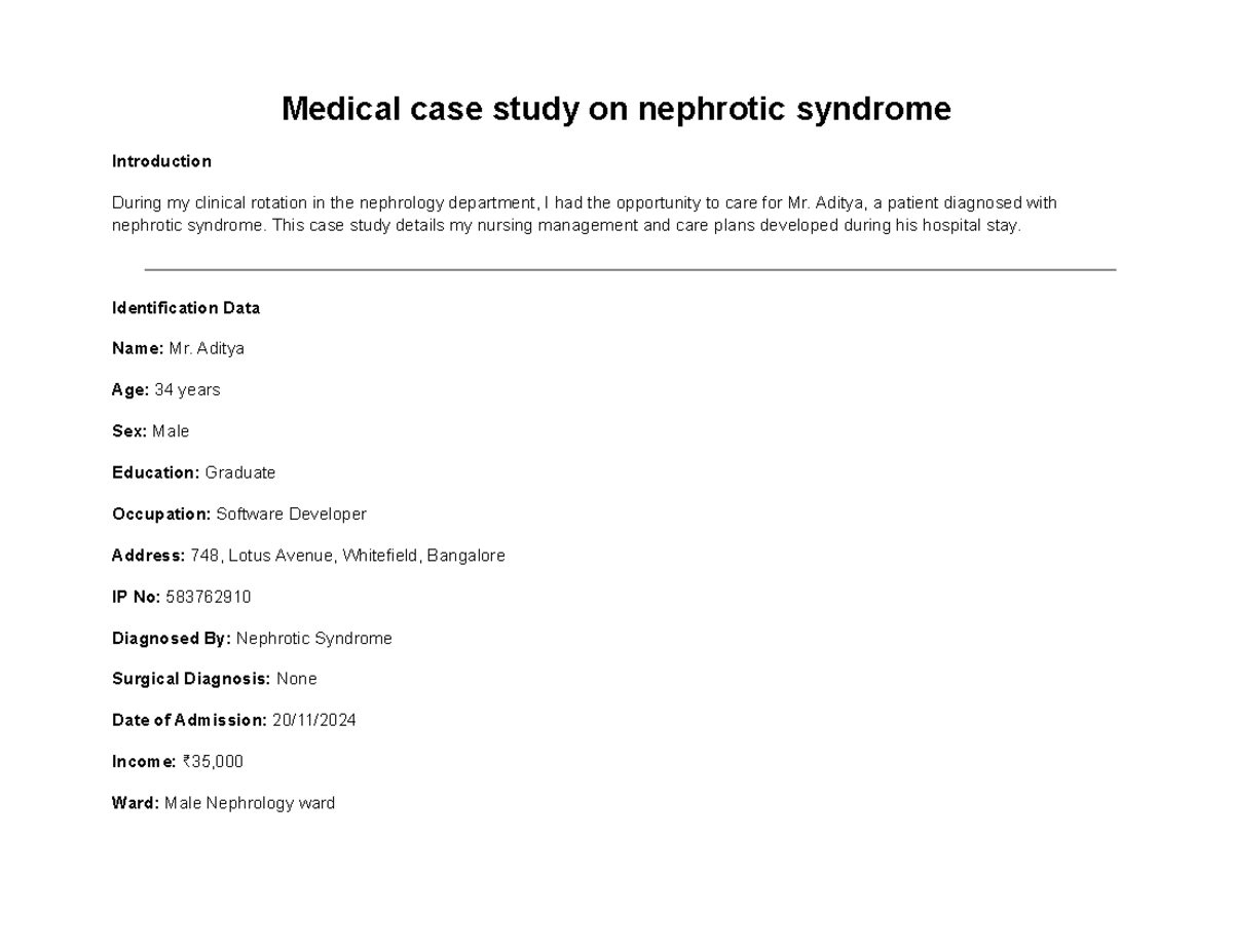 Nephrotic Syndrome: A Medical Case Study Analysis and Care Plan - Studocu