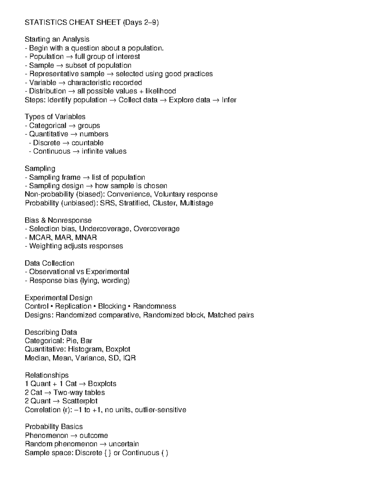 STATISTICS CHEAT SHEET: Key Concepts & Definitions - Studocu