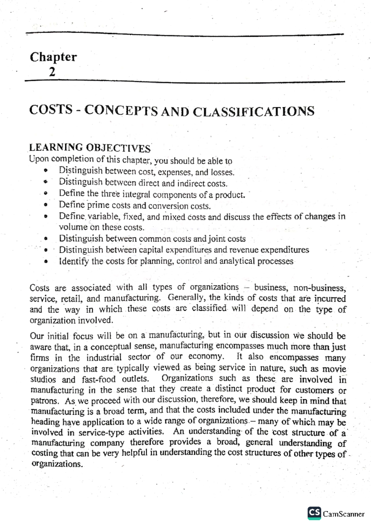 CS 22 - Chapter 2: Cost Concepts and Classifications Notes - Studocu