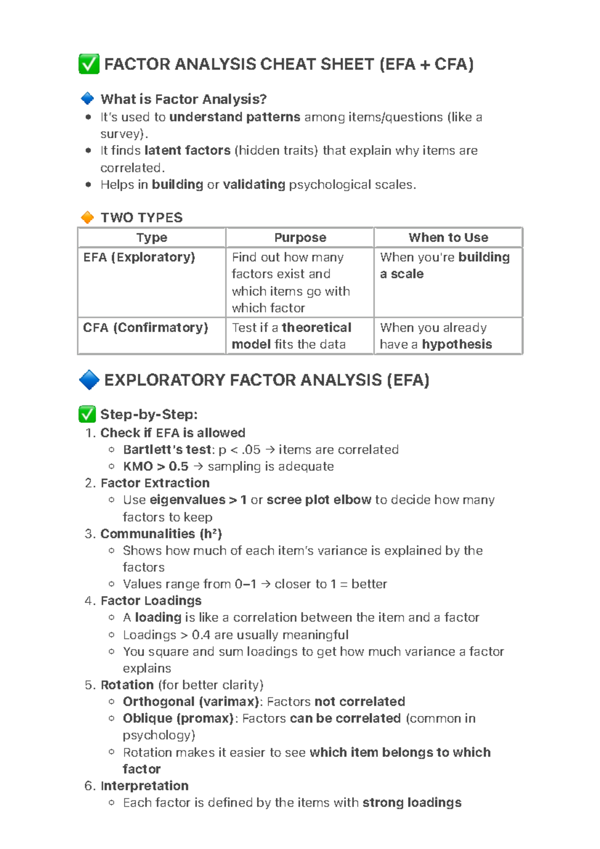 Factor Analysis Cheat Sheet (EFA + CFA) - Key Concepts & Methods - Studocu