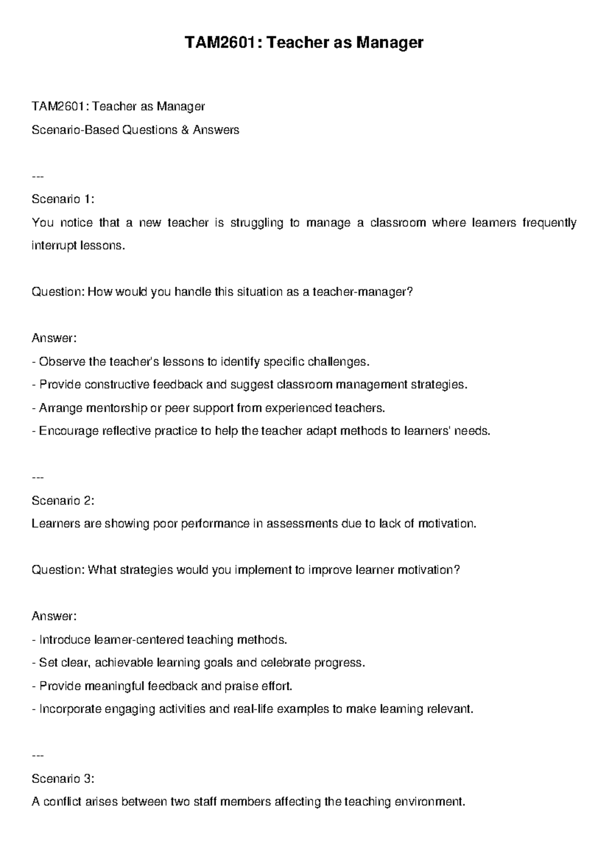 TAM2601: Teacher as Manager - Classroom Management Scenarios - Studocu