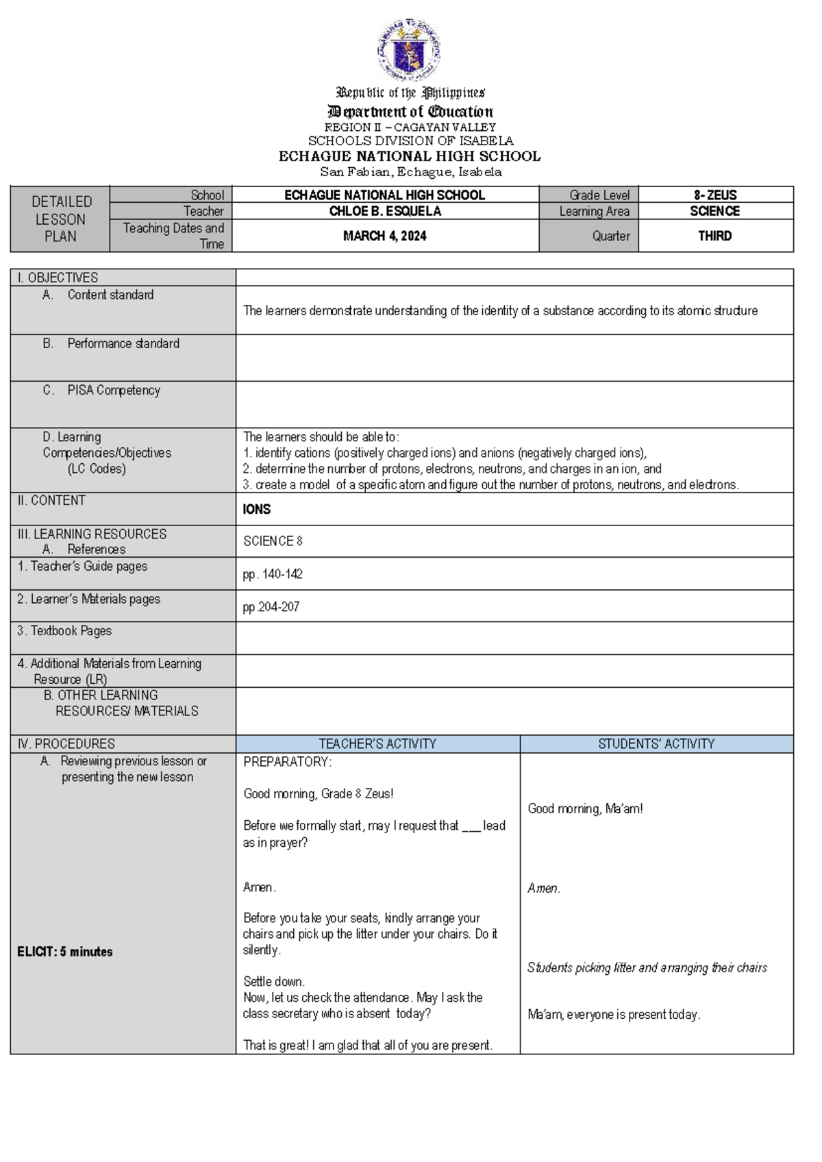 WEEK 4 DETAILED LESSON PLAN: SCIENCE 8 - IONS AND ATOMIC STRUCTURE ...