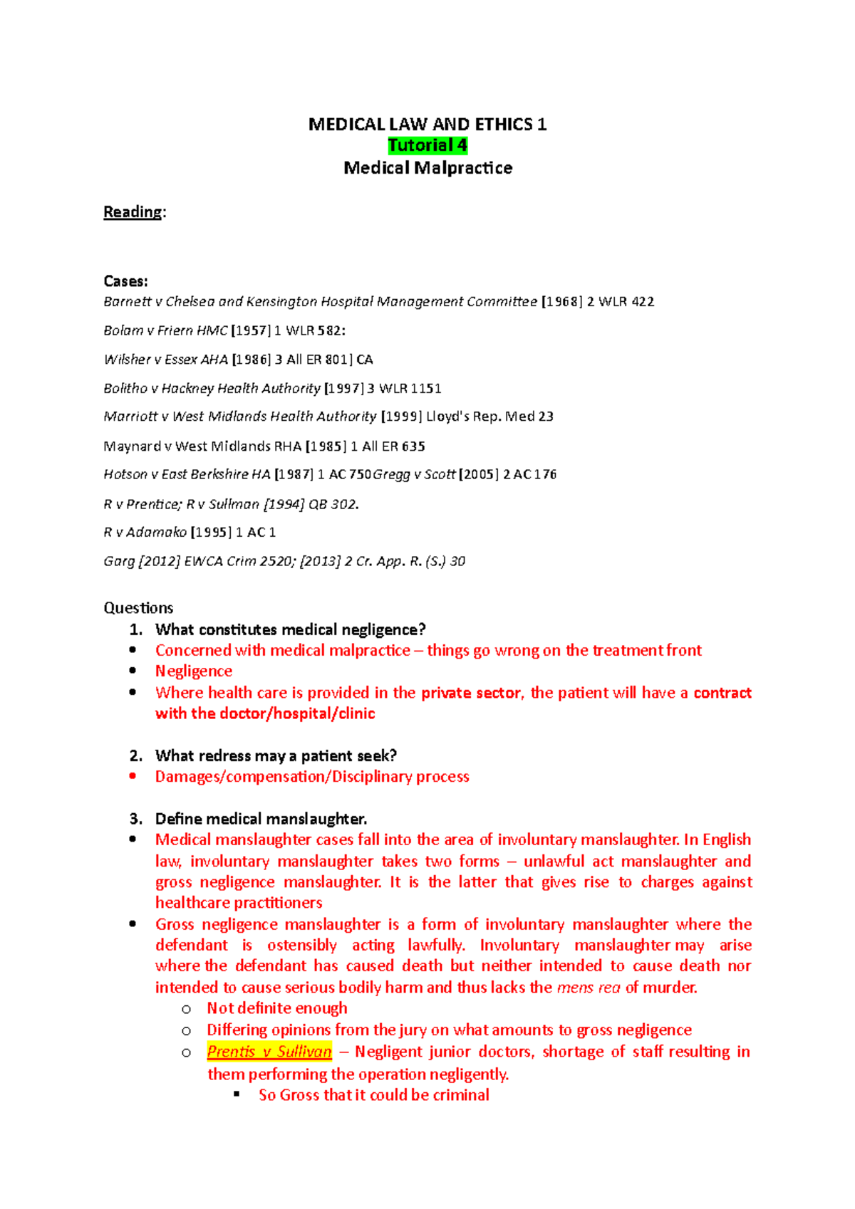 Tutorial 4 - Key Questions on Medical Malpractice Law - Studocu