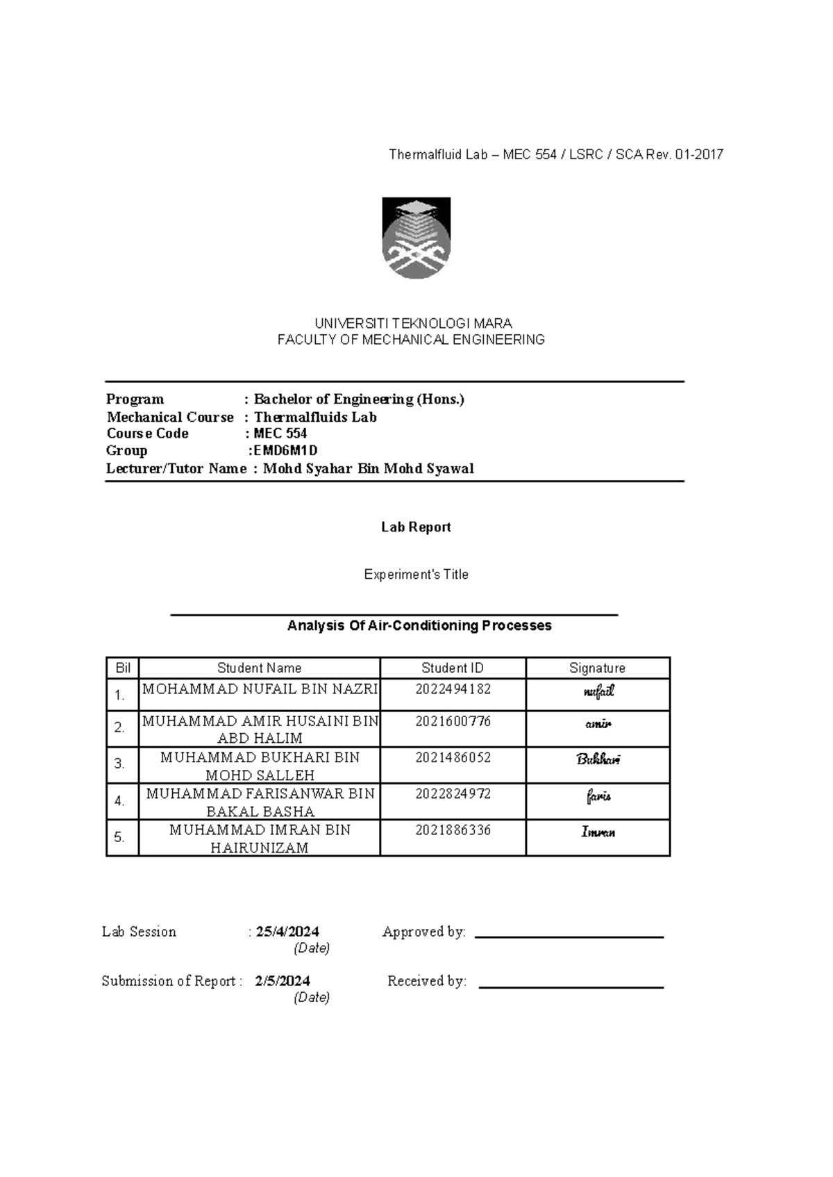 Analysis of Air Conditioning Processes - Lab Report MEC 554 - Studocu
