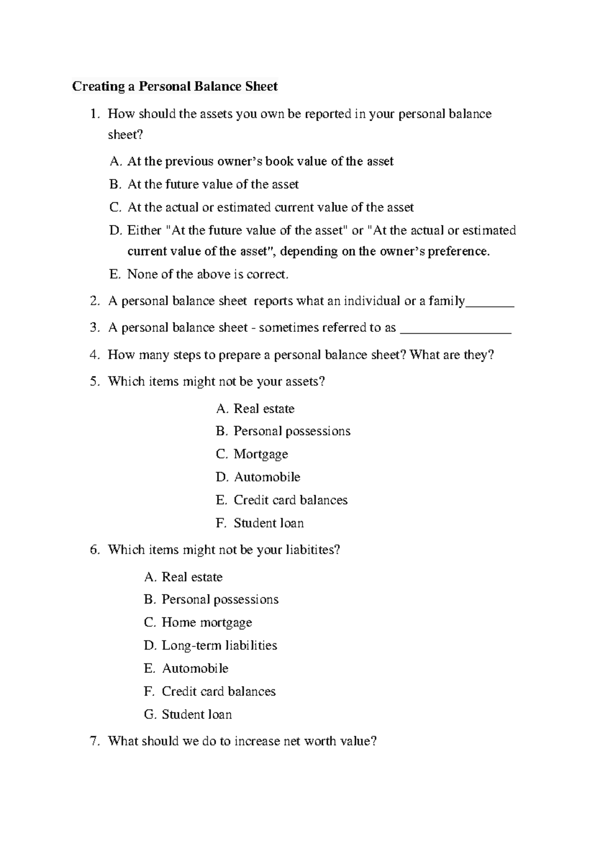 Listening: Creating a Personal Balance Sheet - Student Guide - Studocu