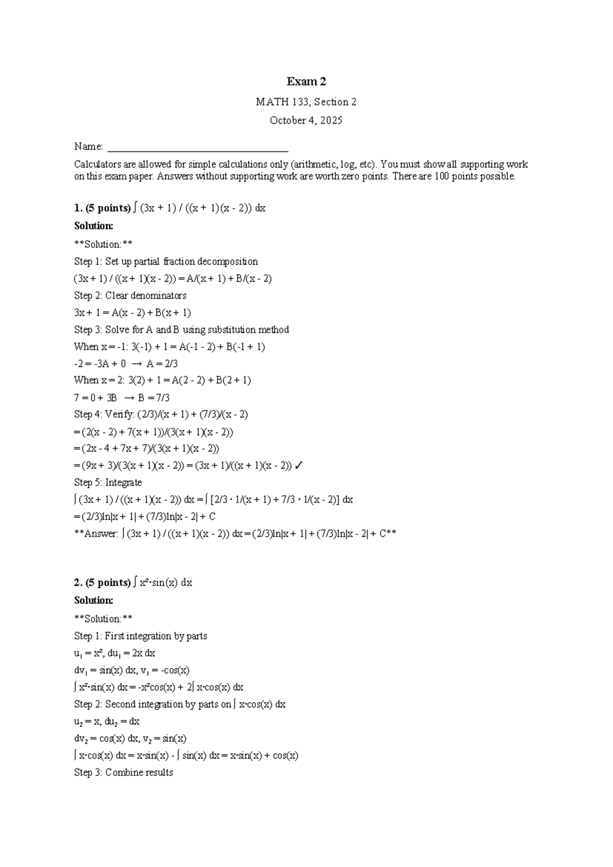 MATH 180 Calculus Exam Solutions - Exam 2 Review - Studocu