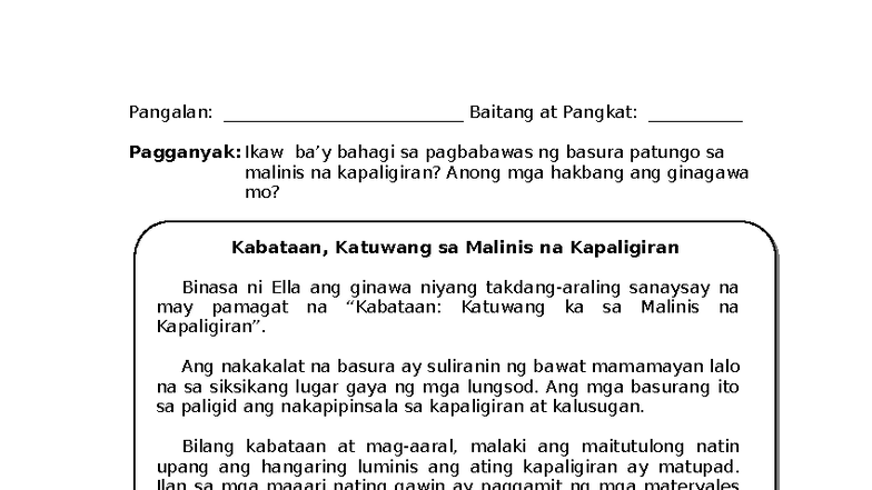 Gr. V Filipino: Pagganyak sa Malinis na Kapaligiran at Kalawakan - Studocu