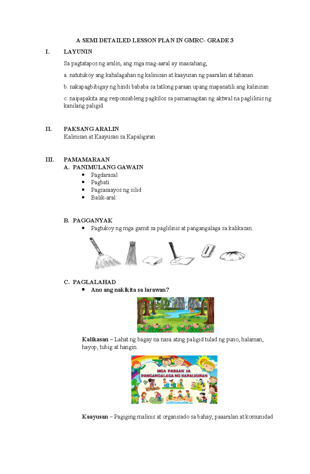 Semi-Detailed Lesson Plan in GMRC: Kalinisan at Kaayusan - Studocu