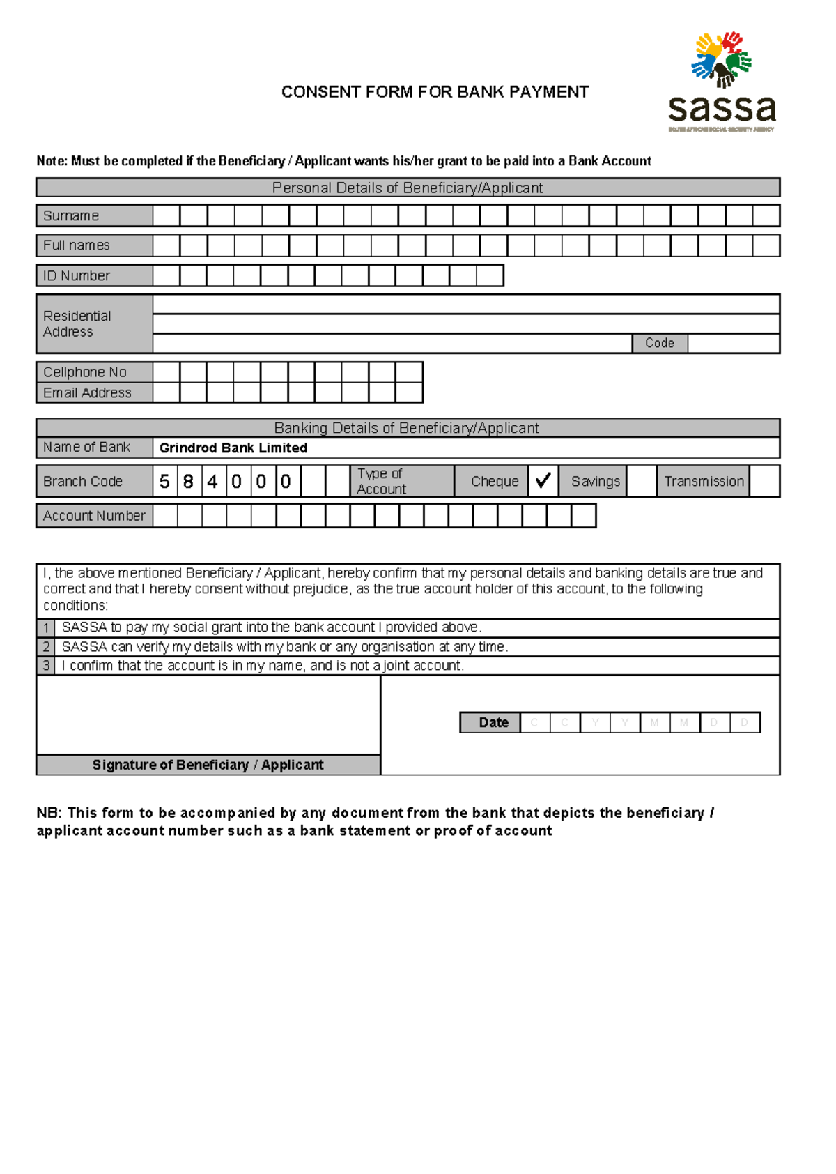 Consent Form for Bank Payment - SASSA Grant Application - Studocu